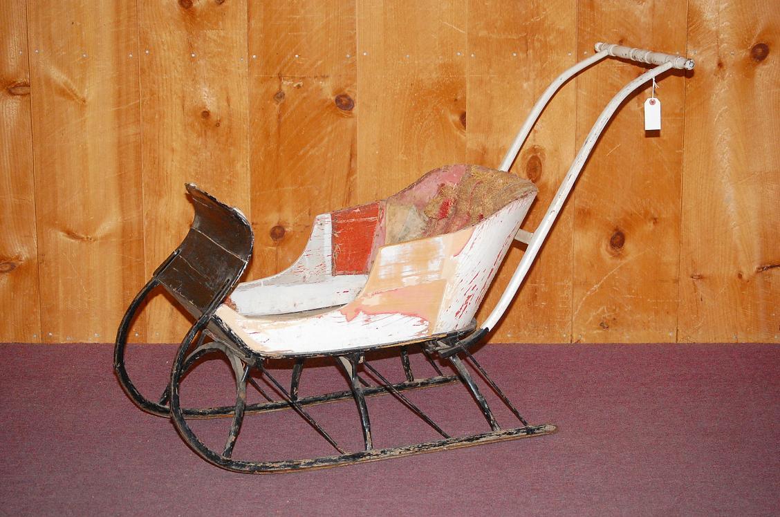 19TH CENT. PAINTED WOODEN PUSH SLEIGH