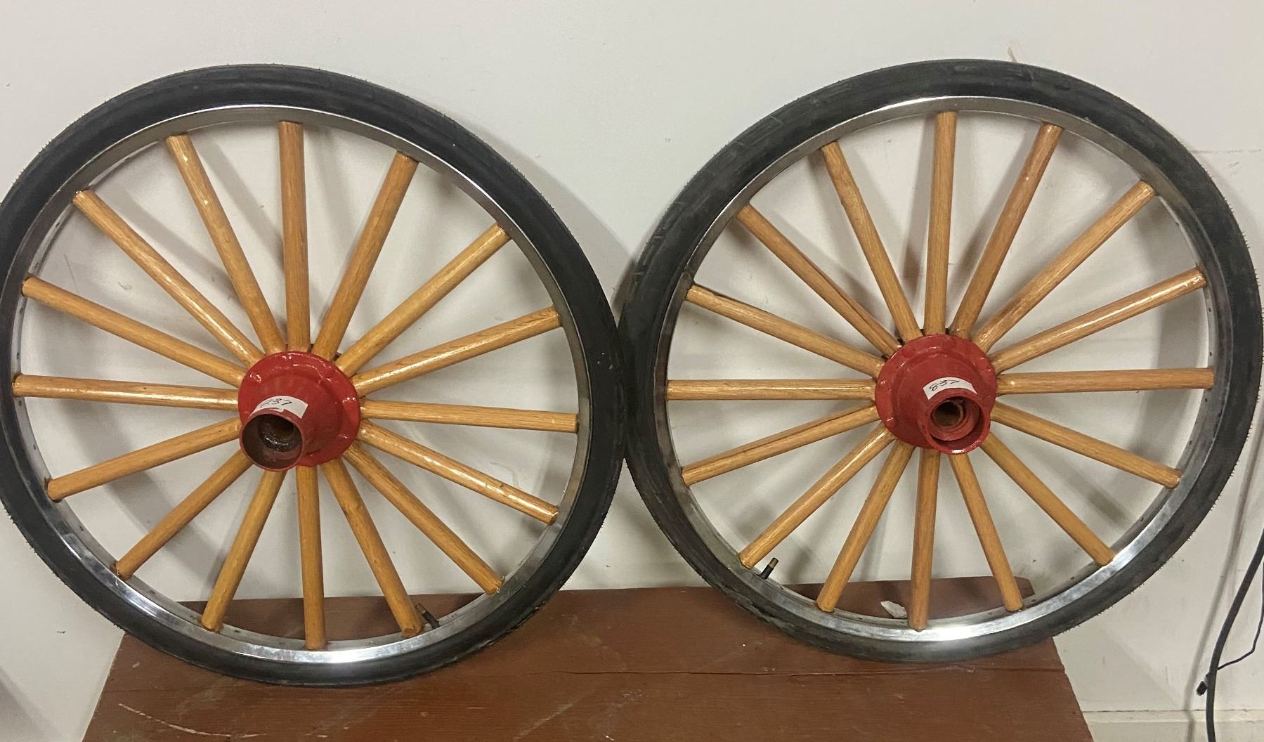 2 - 24in. Oak Wooden Spoked Rims w/ Rubber, Fits Buggy Axle