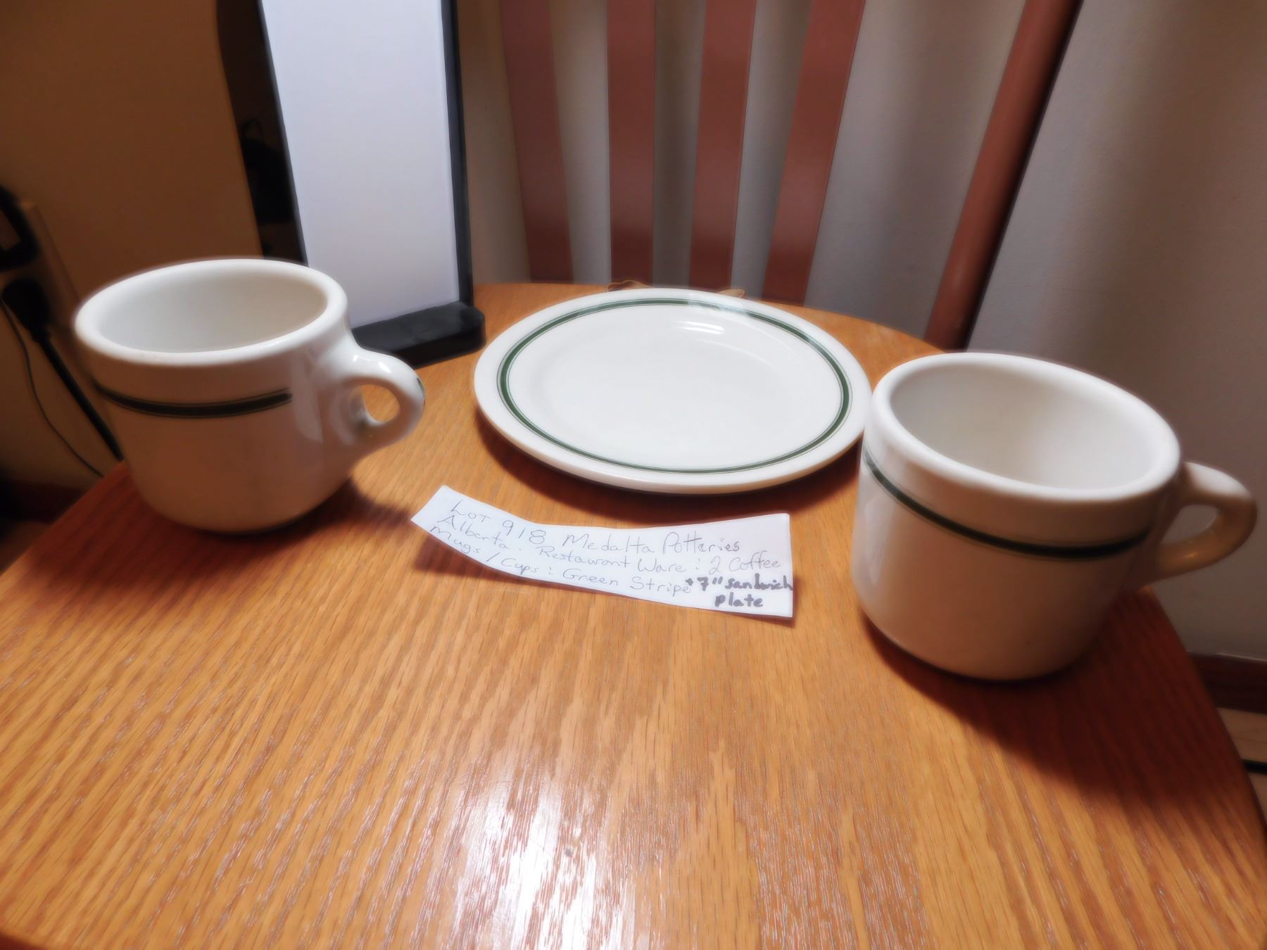 LOT 918 MEDALTA POTERIES GREEN STRIPE RESTAURANT WARE 2 CUPS & SAUCER ...