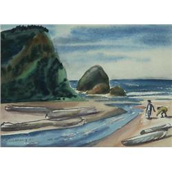 PAIR WATERCOLOR JULE H. KULLBERG BEACH SCENE