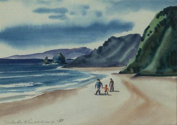 PAIR WATERCOLOR JULE H. KULLBERG BEACH SCENE