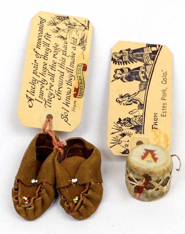 2 Vintage Mail Tags w/ Native American Souvenirs