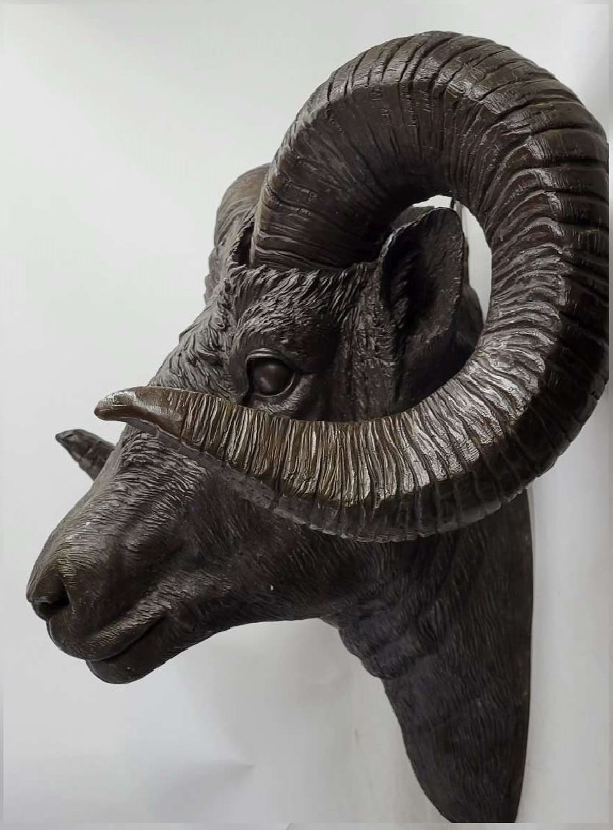 Incredible Detailed Wall Mount Rams Head Bronze Sculpture