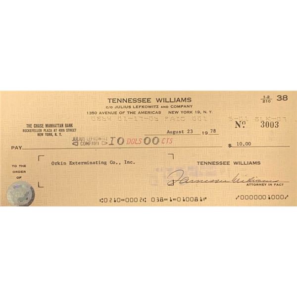 Signed Tennessee Williams Check