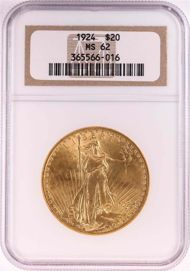 1924 $20 St. Gaudens Double Eagle Gold Coin NGC MS62