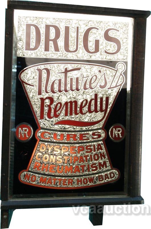 Nature's Remedy Glass Drug Store Sign In Wood Box, Ligh