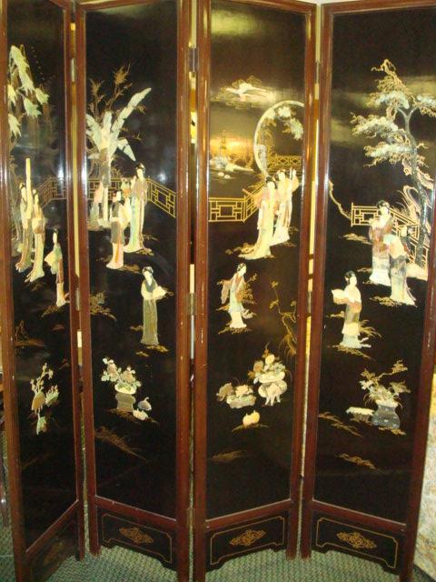 4 Panel Jade Inlaid Oriental Screen: