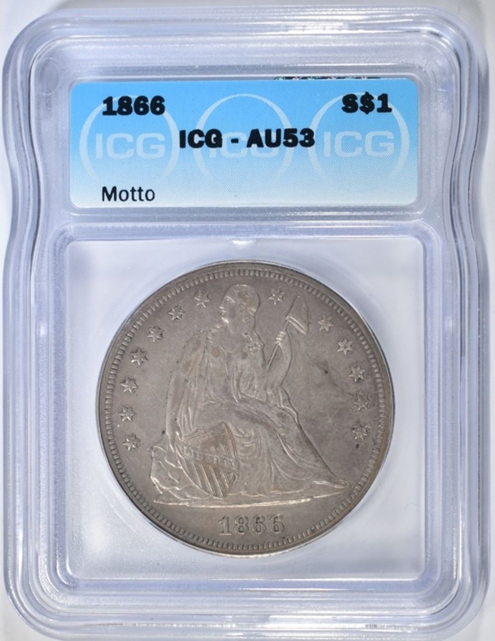 1866 MOTTO SEATED LIBERTY DOLLAR ICG AU-53