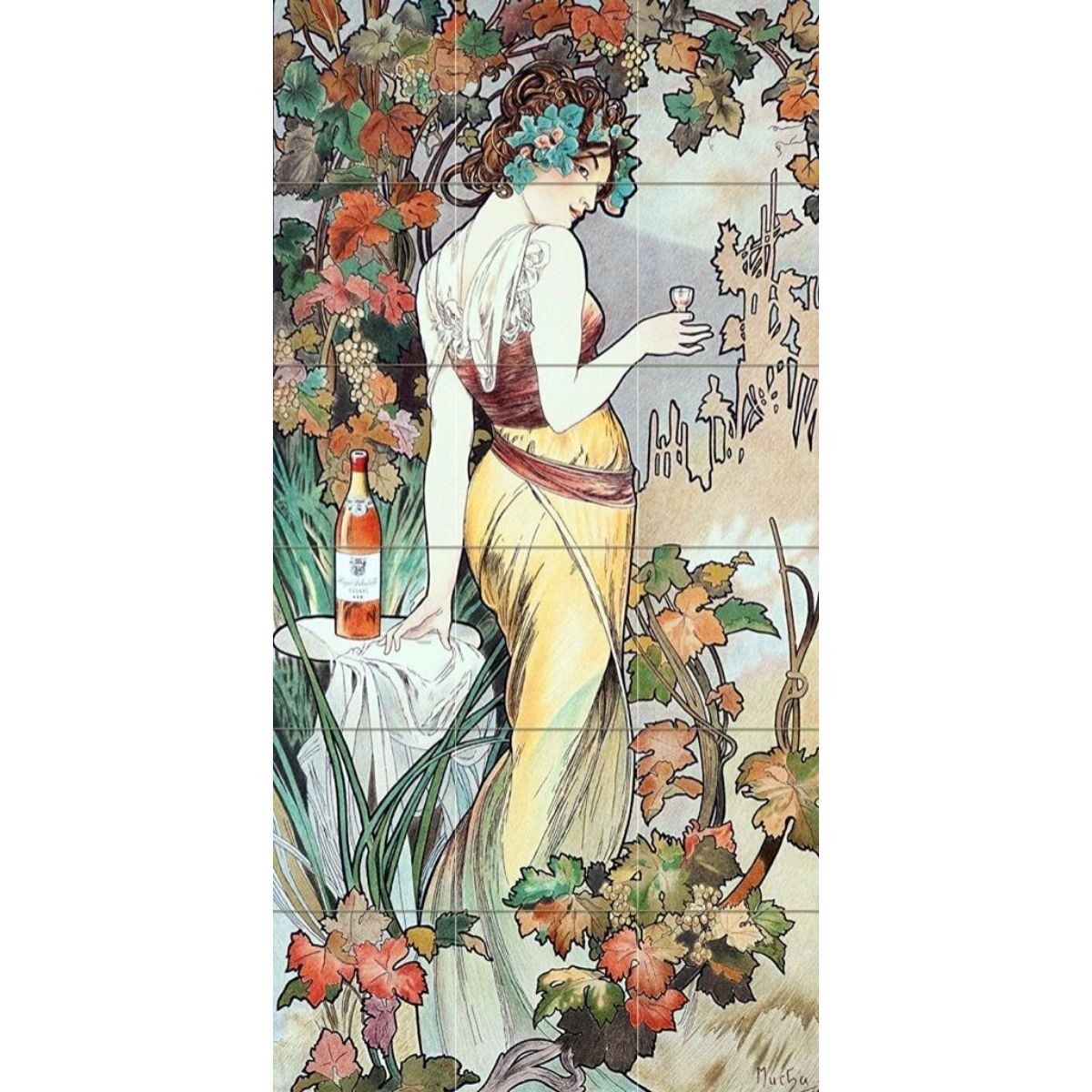 After Mucha, Wine, Cognac Girl Ceramic Tile Mural