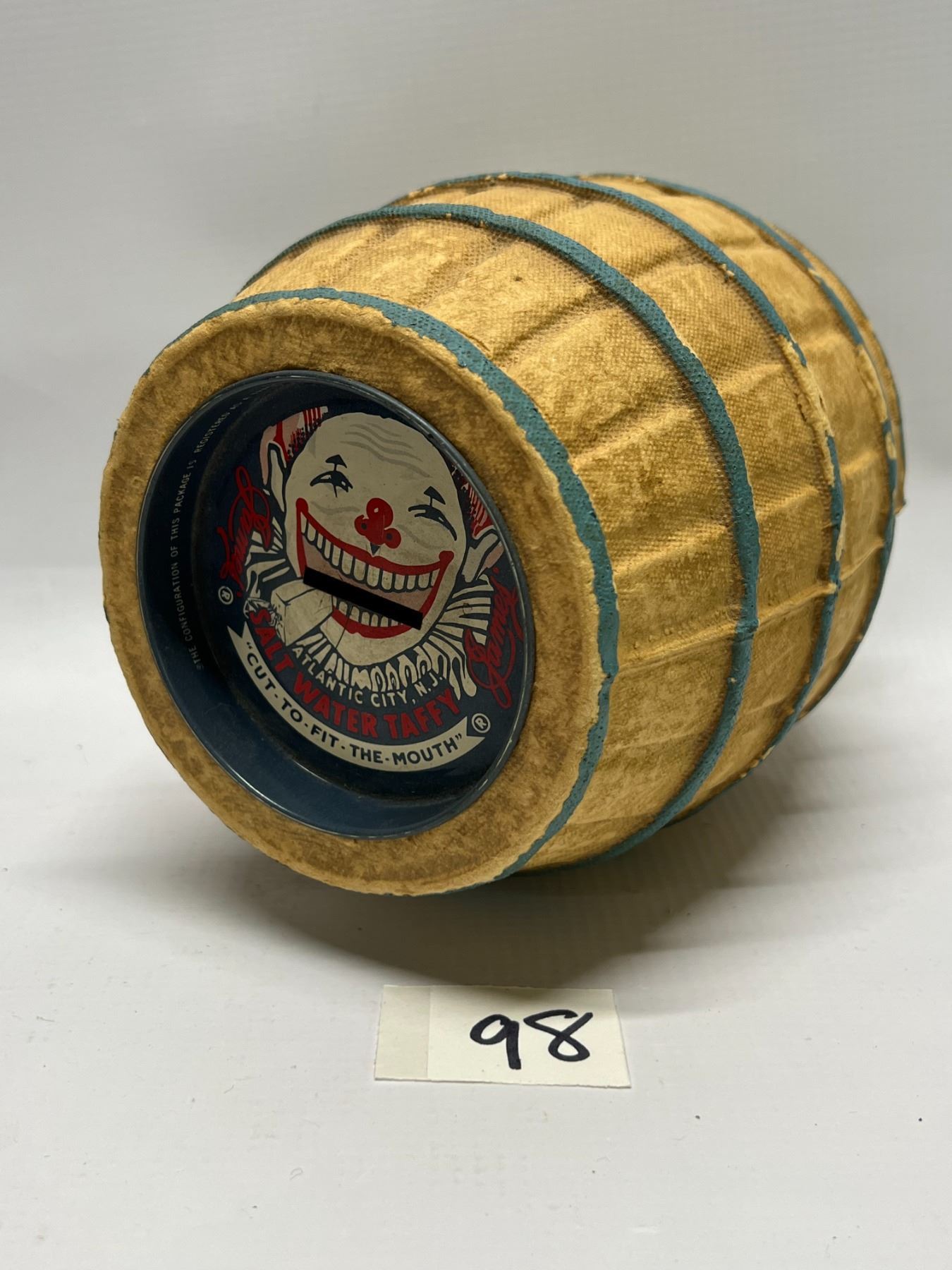 Vintage James Candy Paper Mache Coin Bank w/tin Lid Approx: 7"T 5"W