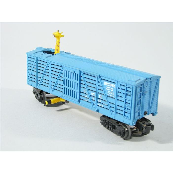 A Lionel Red Gondola #3444 with a Lionel Giraffe Car #3376.