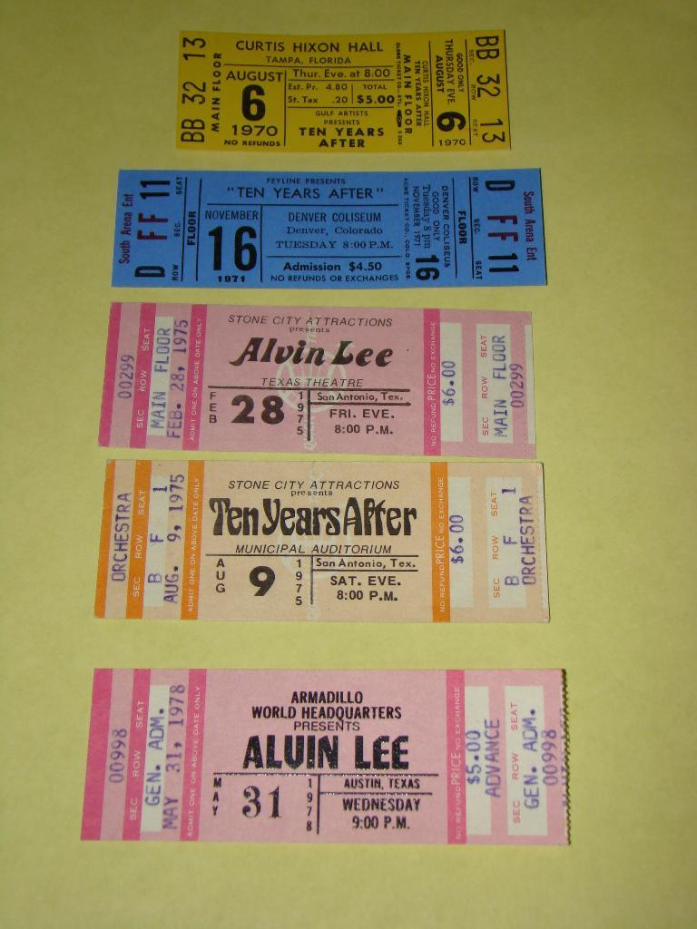 (5) Unused Ten Years After Concert Tickets 1970s