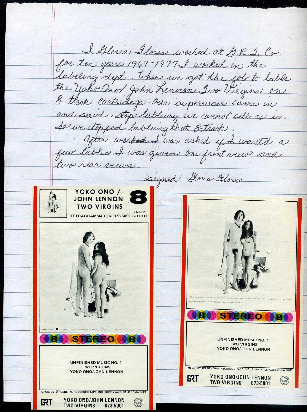 John Lennon Two Virgins 8-Track Labels