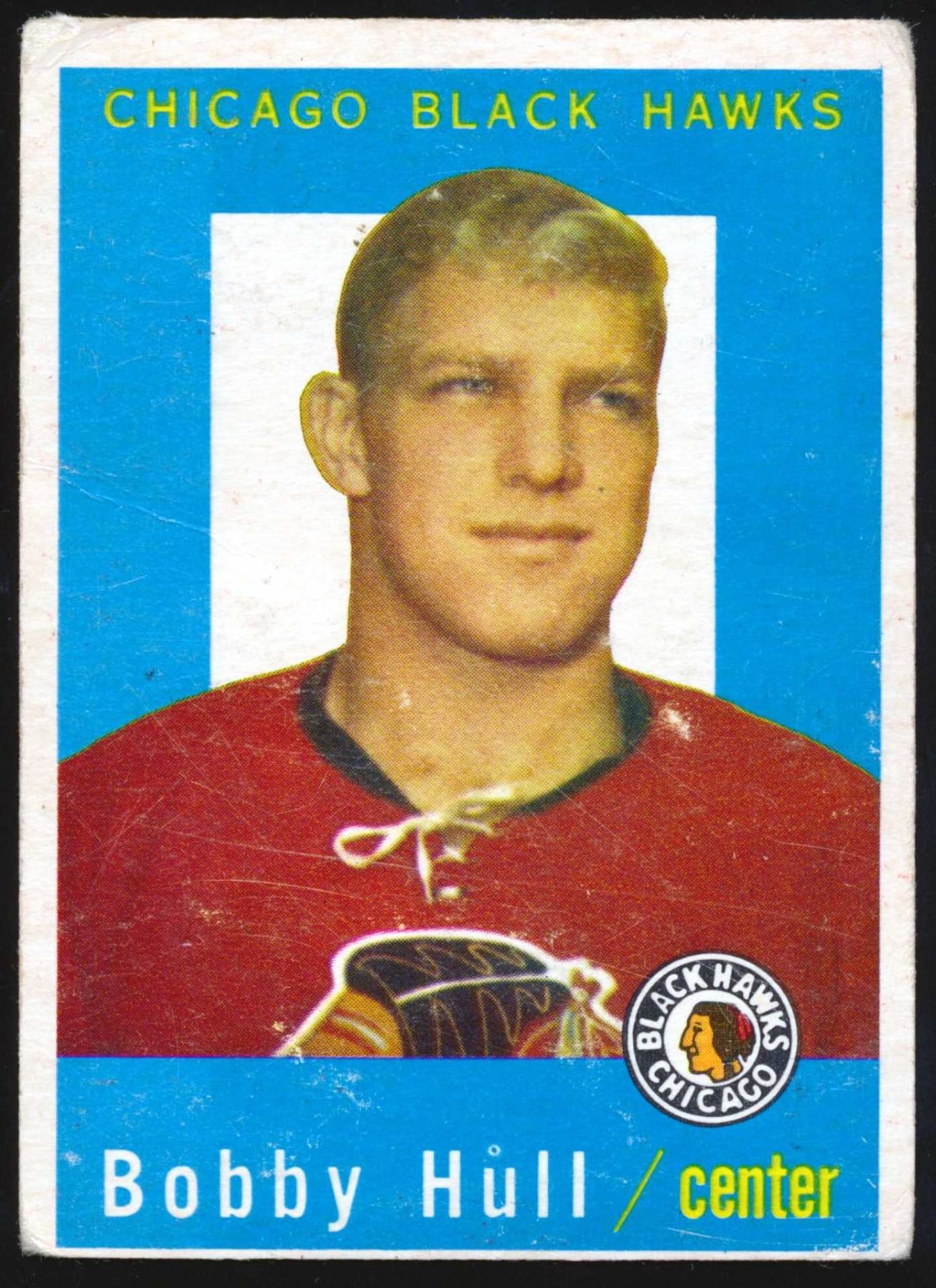 Topps card of Bobby Hull #9 (1959-60) card #47.