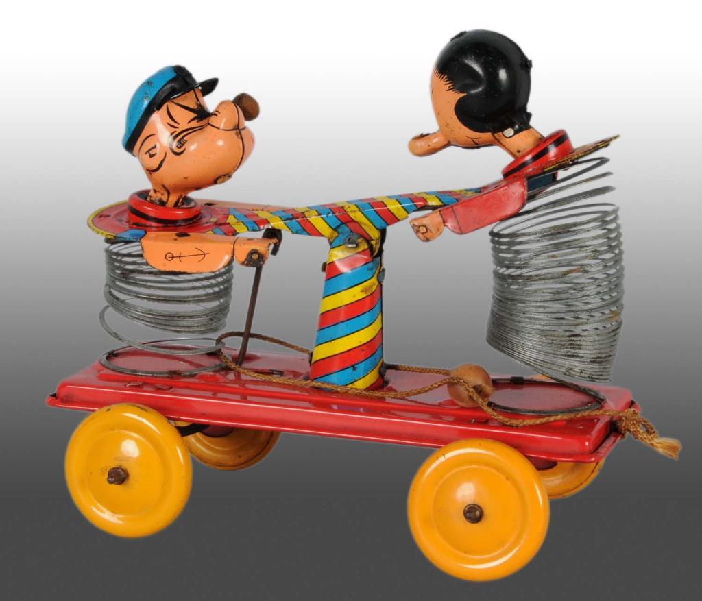 Tin Linemar Popeye & Olive Oyl Slinky Hand Car Toy