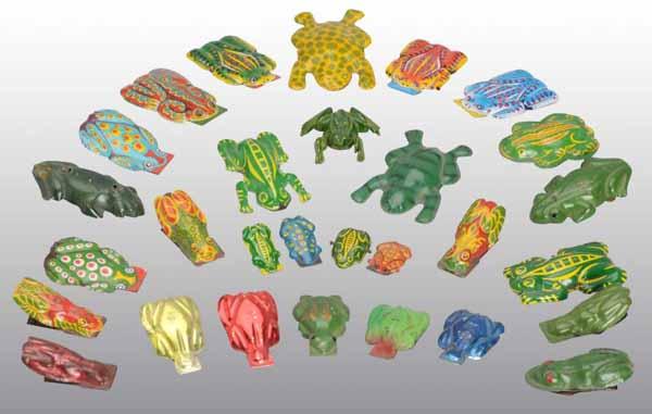 Lot of 32: Tin Frog Clicker Toys.