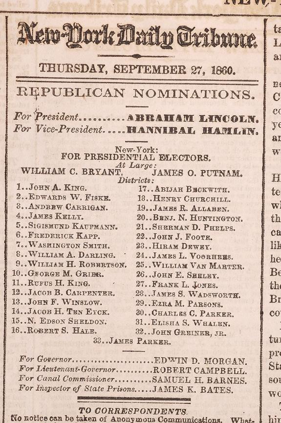 [Lincoln, Abraham] 1860 NY Tribune With Lincoln Presidential Ballot