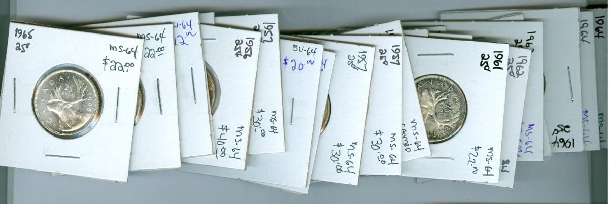 1956-1968 25¢ BU examples. Lot includes 23 pcs, 1956, 1957 (3), 1959 ...