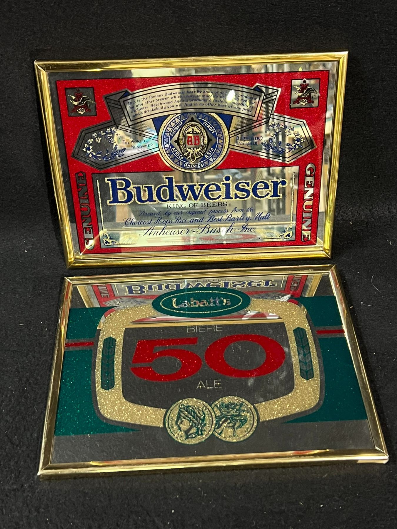 2 Vintage Beer Advertising Mirrors Budweiser & Labatt's 50 Appr: 12x9.25"