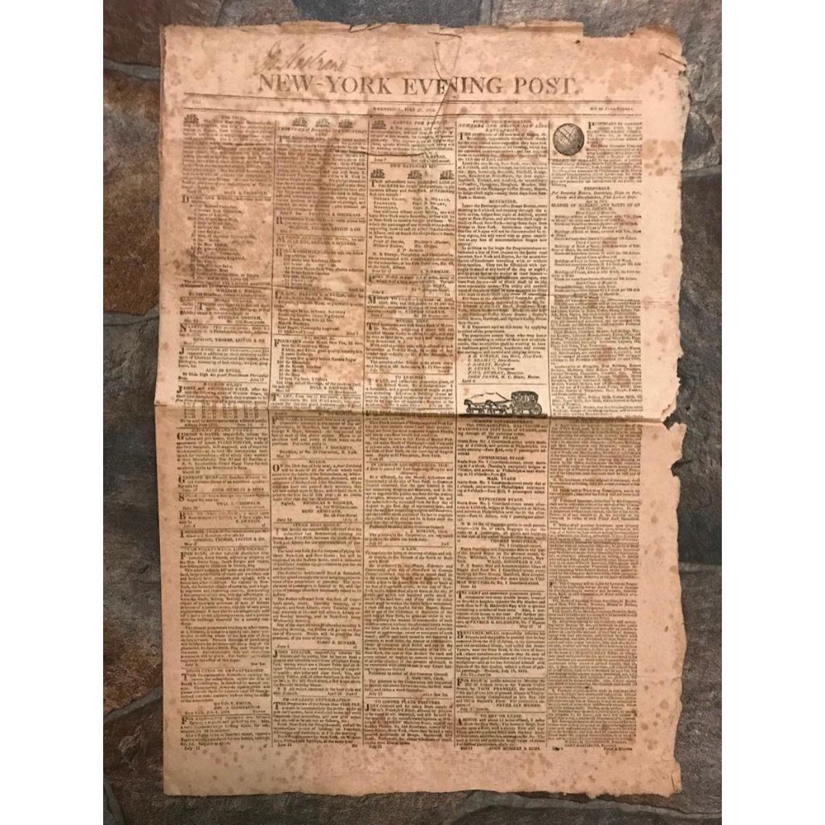 Rare 200 Yr Old Newspaper, New York Evening Post, War of 1812