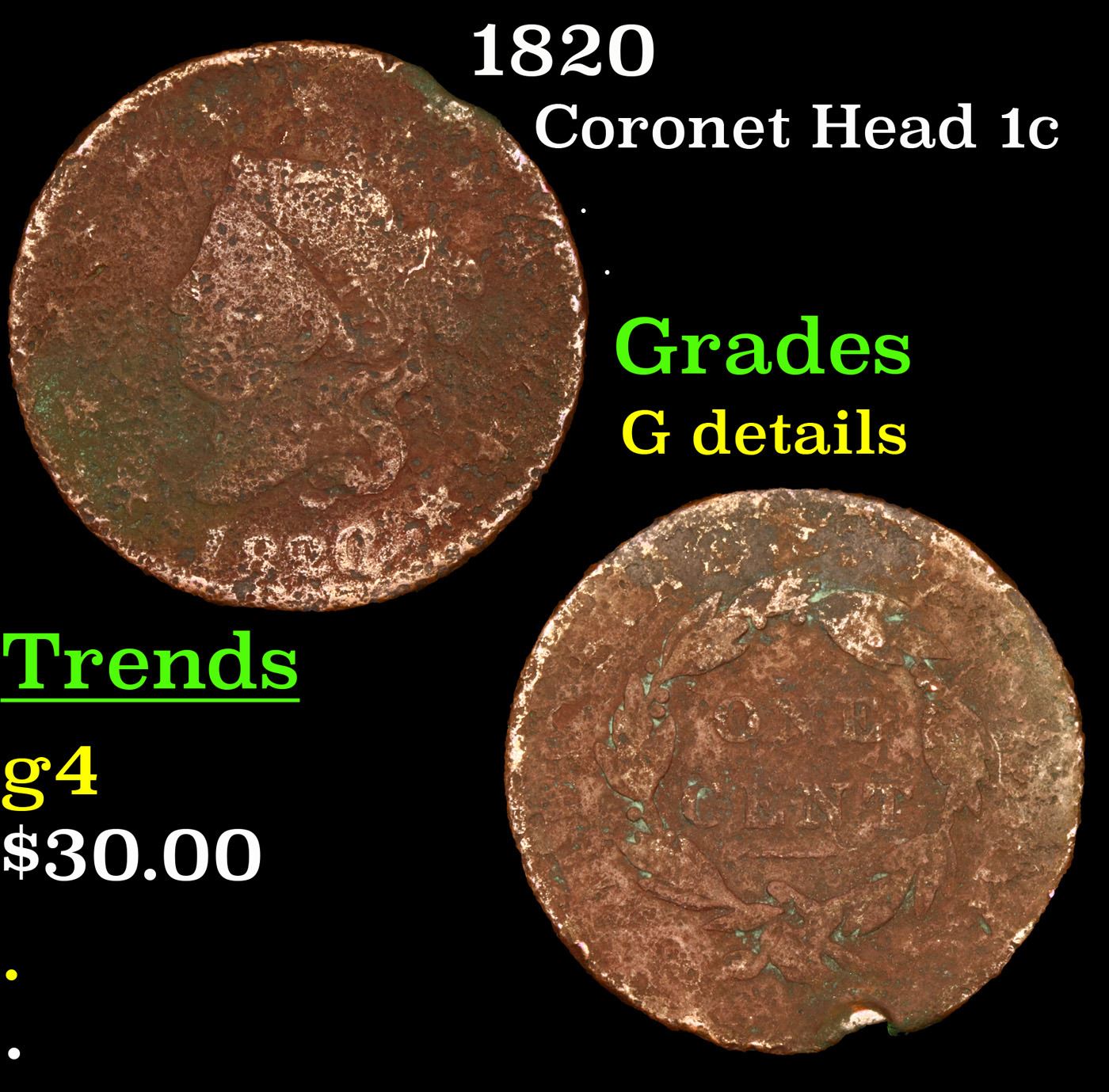 1820 Coronet Head Large Cent 1c Grades g details