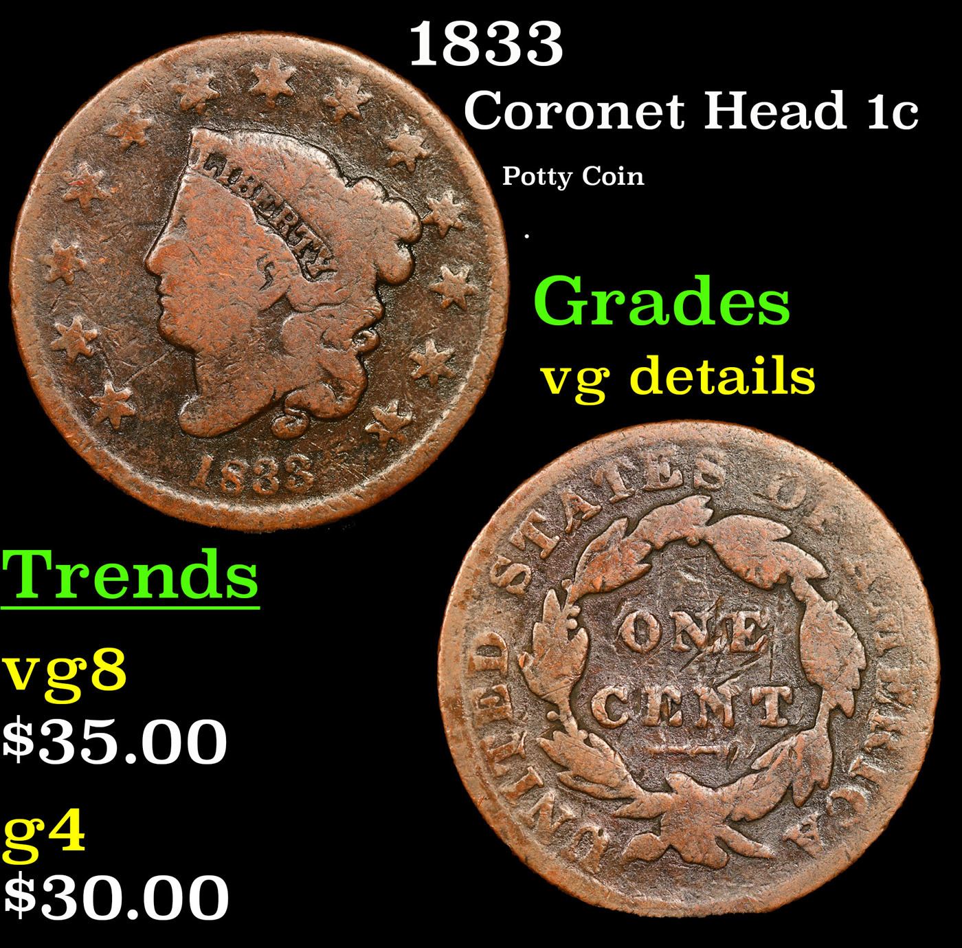 1833 Coronet Head Large Cent 1c Grades vg details