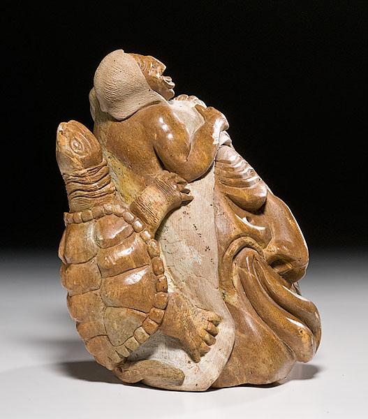 Iroquois Carved Stone False Face Figure with Turtle Rattle,