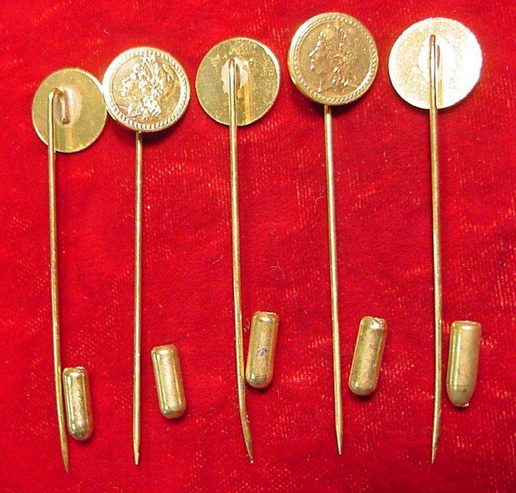(5) Antique Pattern Gold Coin Stick Pins.