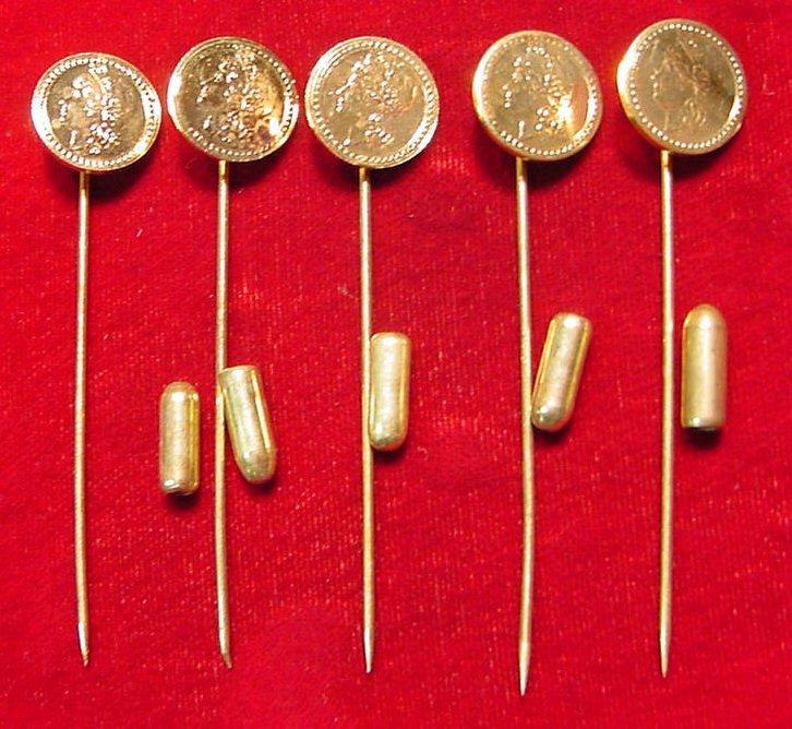 (5) Antique Pattern Gold Coin Stick Pins.