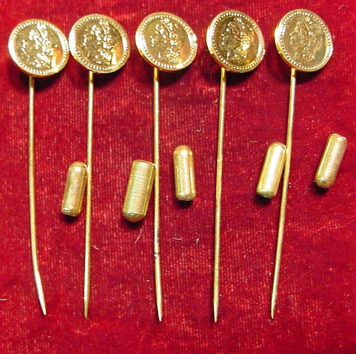 (5) Antique Pattern Gold Coin Stick Pins.