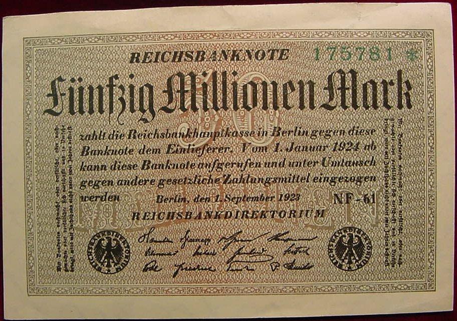 1923-24 German 50 Million Mark Note. CU