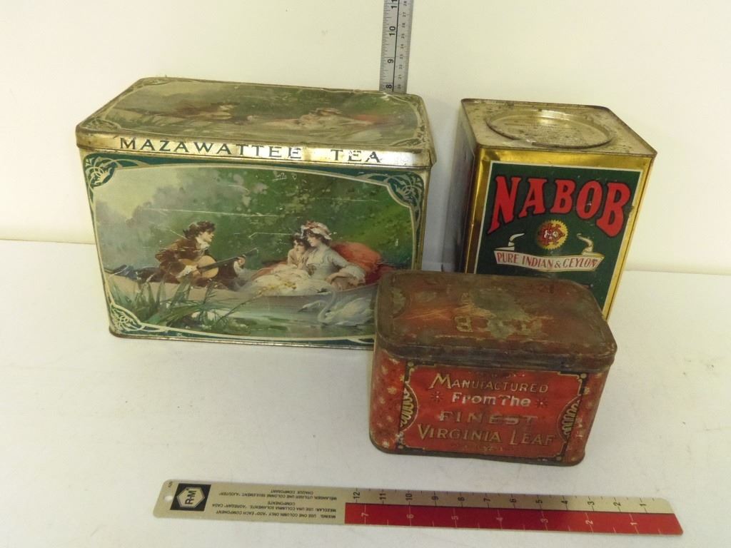 3 Antique Tins, Nabob, Mazawattee Tea