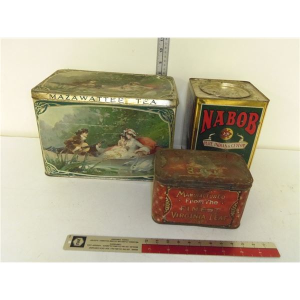3 Antique Tins, Nabob, Mazawattee Tea