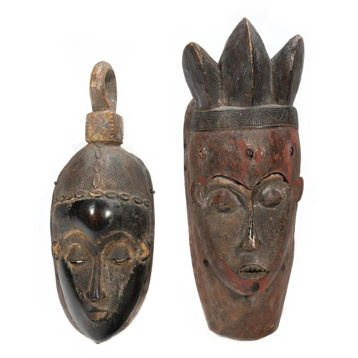 2 Guro Ivory Coast Carved Patinated Wood Masks