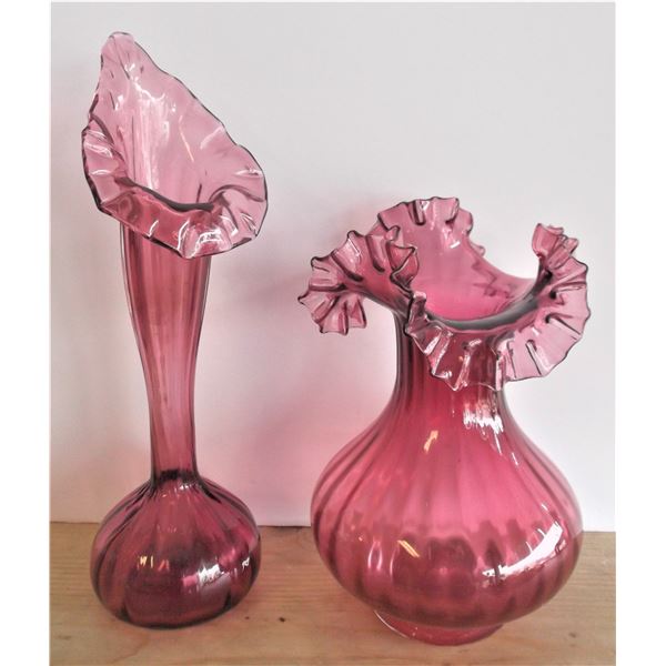 Two Vintage Cranberry Glass Vases