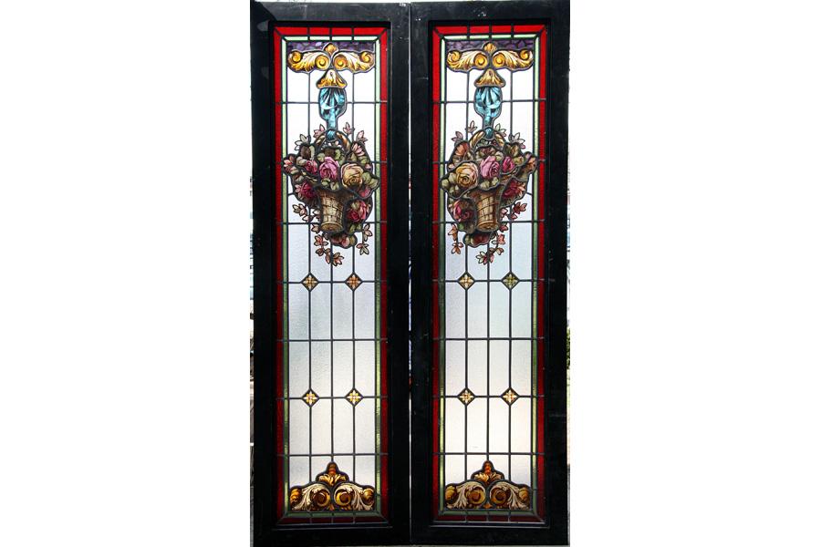 PAIR HAND PAINTED STAINED GLASS WINDOWS