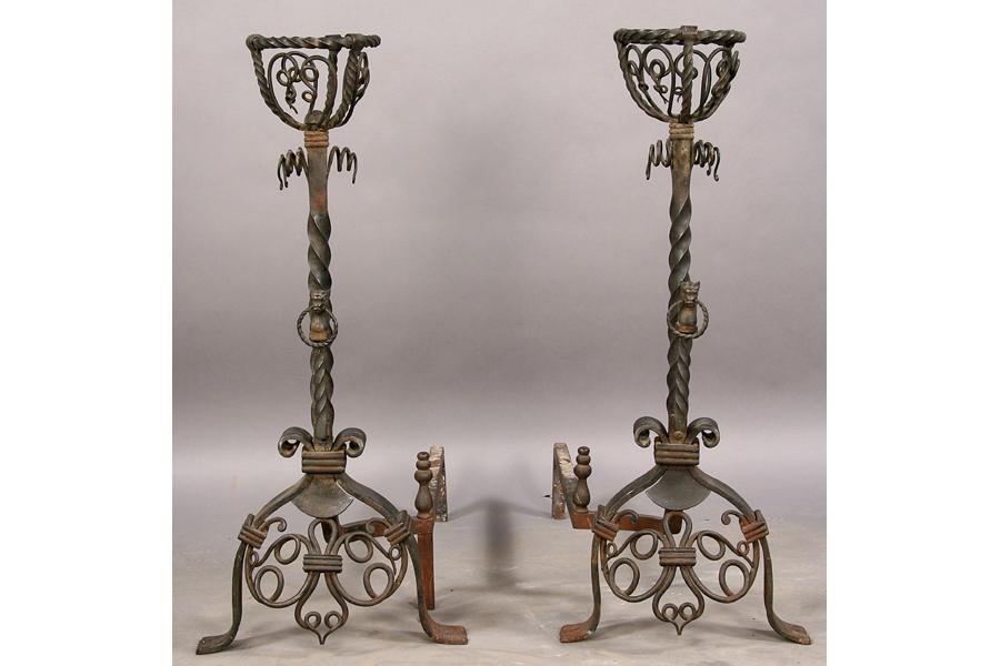PAIR SAMUEL YELLIN WROUGHT IRON ANDIRONS