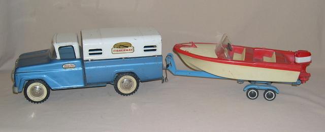 1960 Tonka Blue Fisherman Truck w/ Boat, Motor, & Trailer