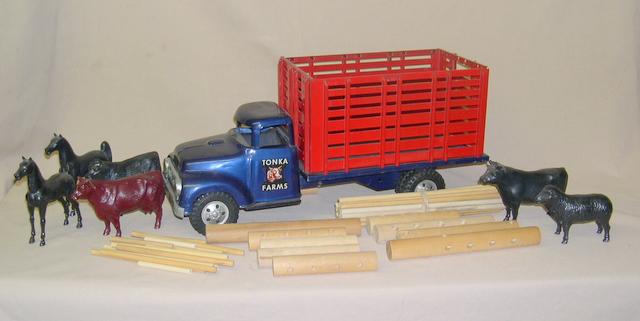 1957 Tonka Farms High Rack Stake Truck w/ Original Animals & Corral