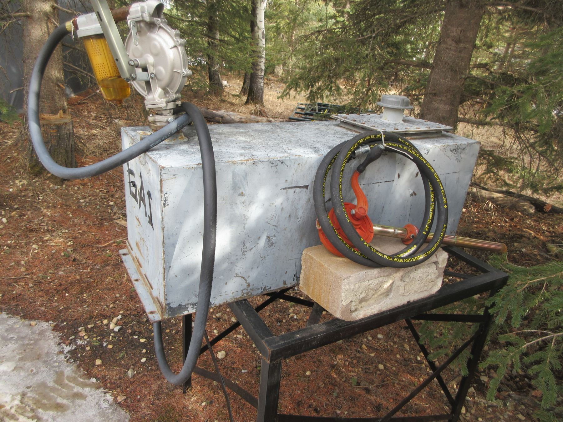BUSH LINE: 40 Gallon Gas Tank, Stand & 2 Hand Pumps