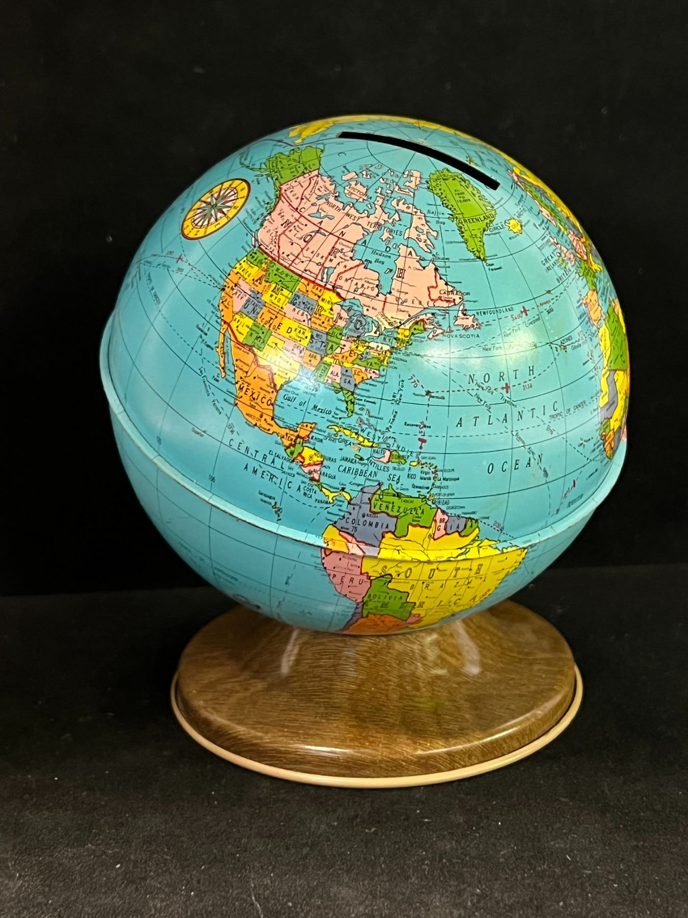 Small Tin Metal World Globe Coin Bank Approx: 4.75"T 4"W