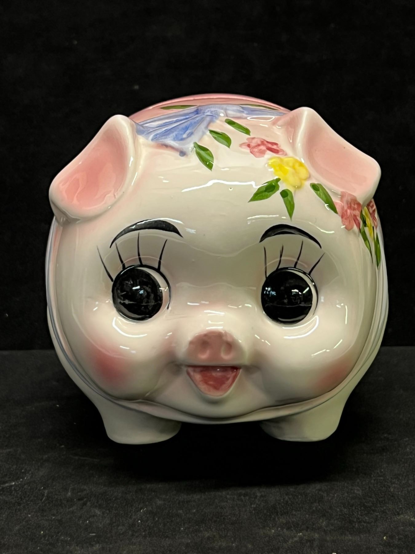 Vintage Painted Ceramic Pig Piggy Bank Coin Bank Appr: 6"W 4" T