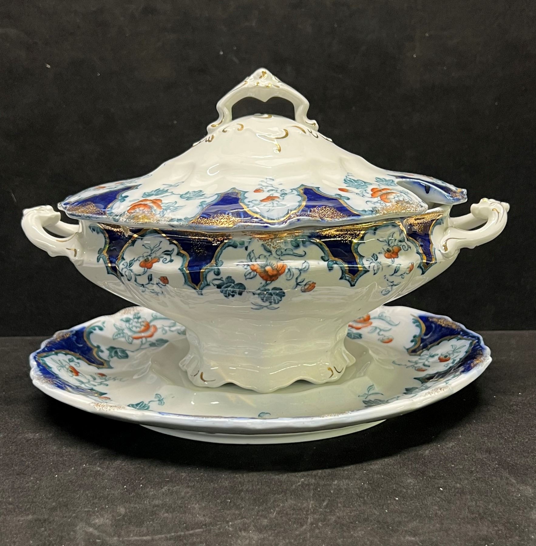Antique Sevres Flow Blue J&G Meakin England Covered Serving Dish w/plate