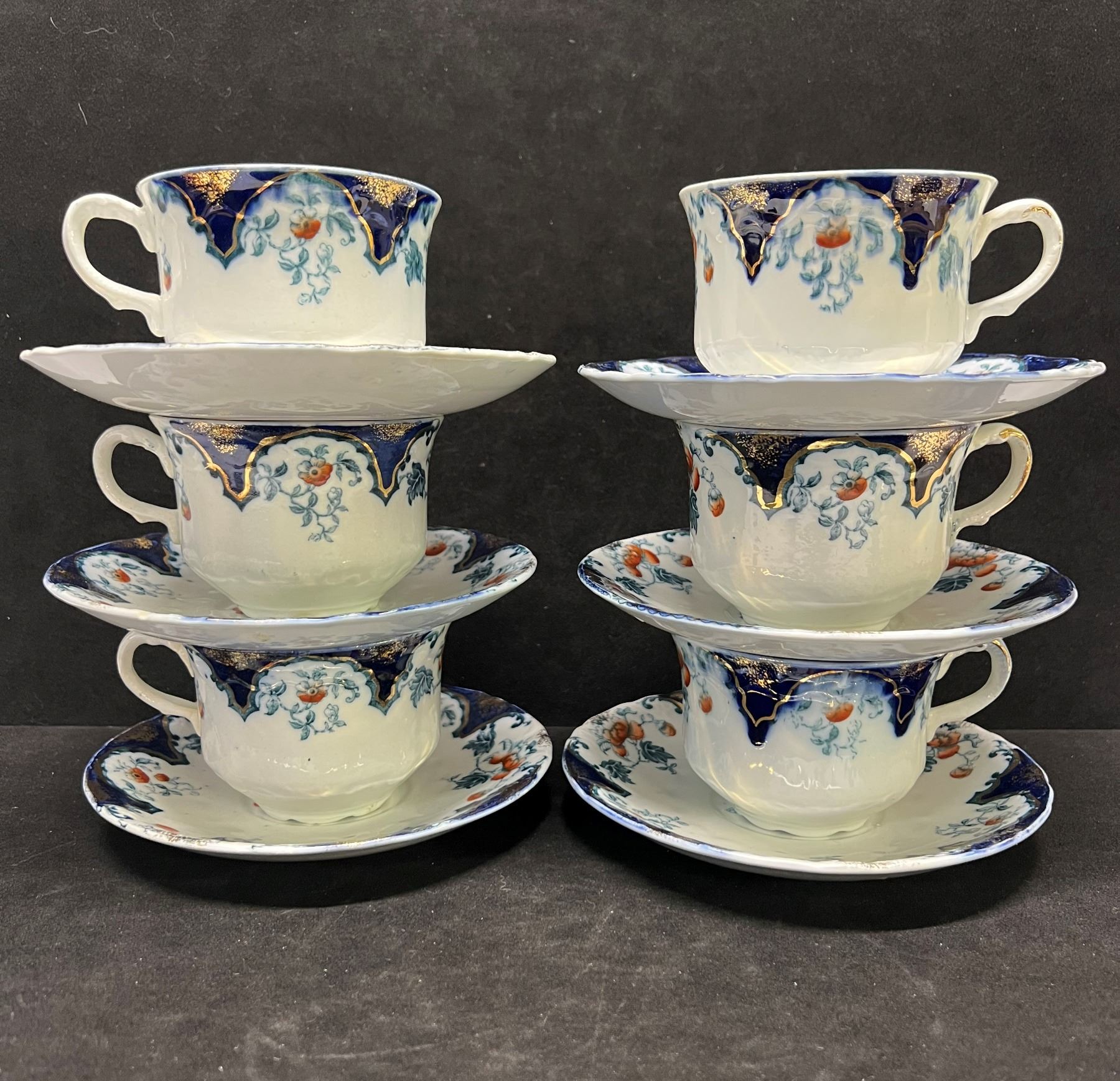 6 Antique Sevres Flow Blue J&G Meakin England Cups & Saucers