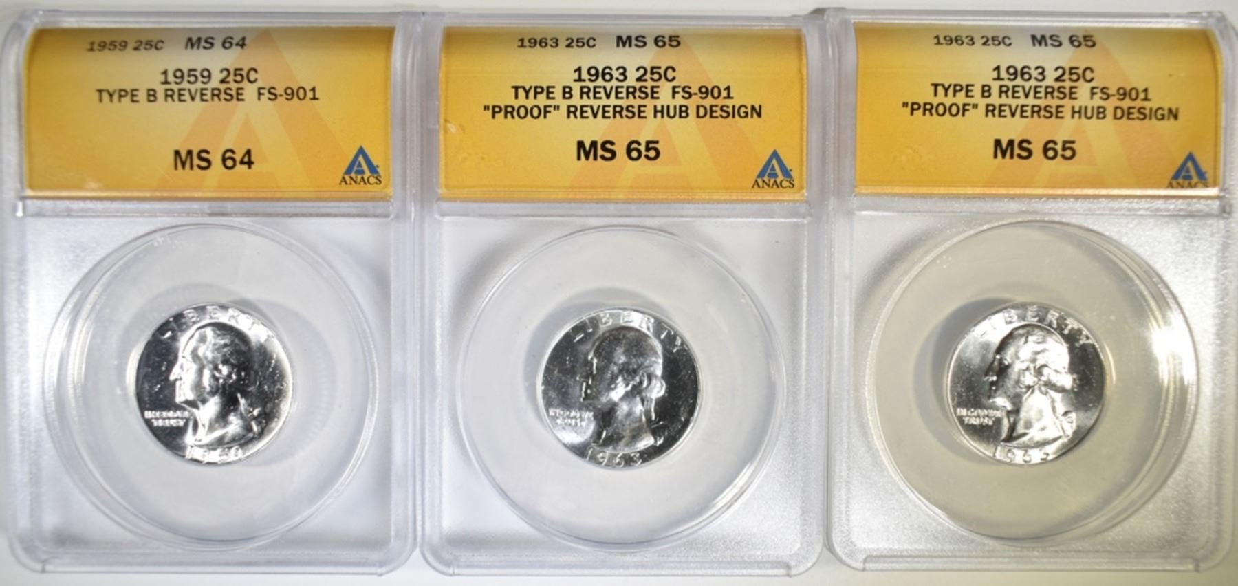 3 WASHINGTON QUARTERS TYPE B REVERSE FS-901 ANACS