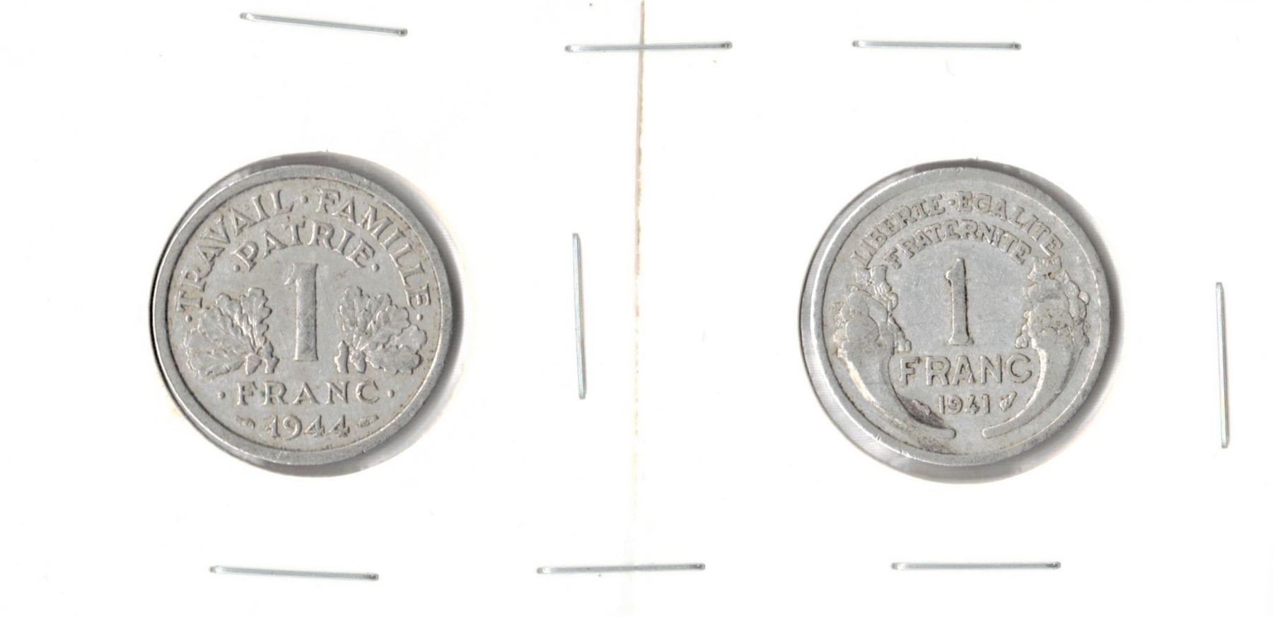 Vichy France Coins: 1941 One Franc and 1944 One Franc
