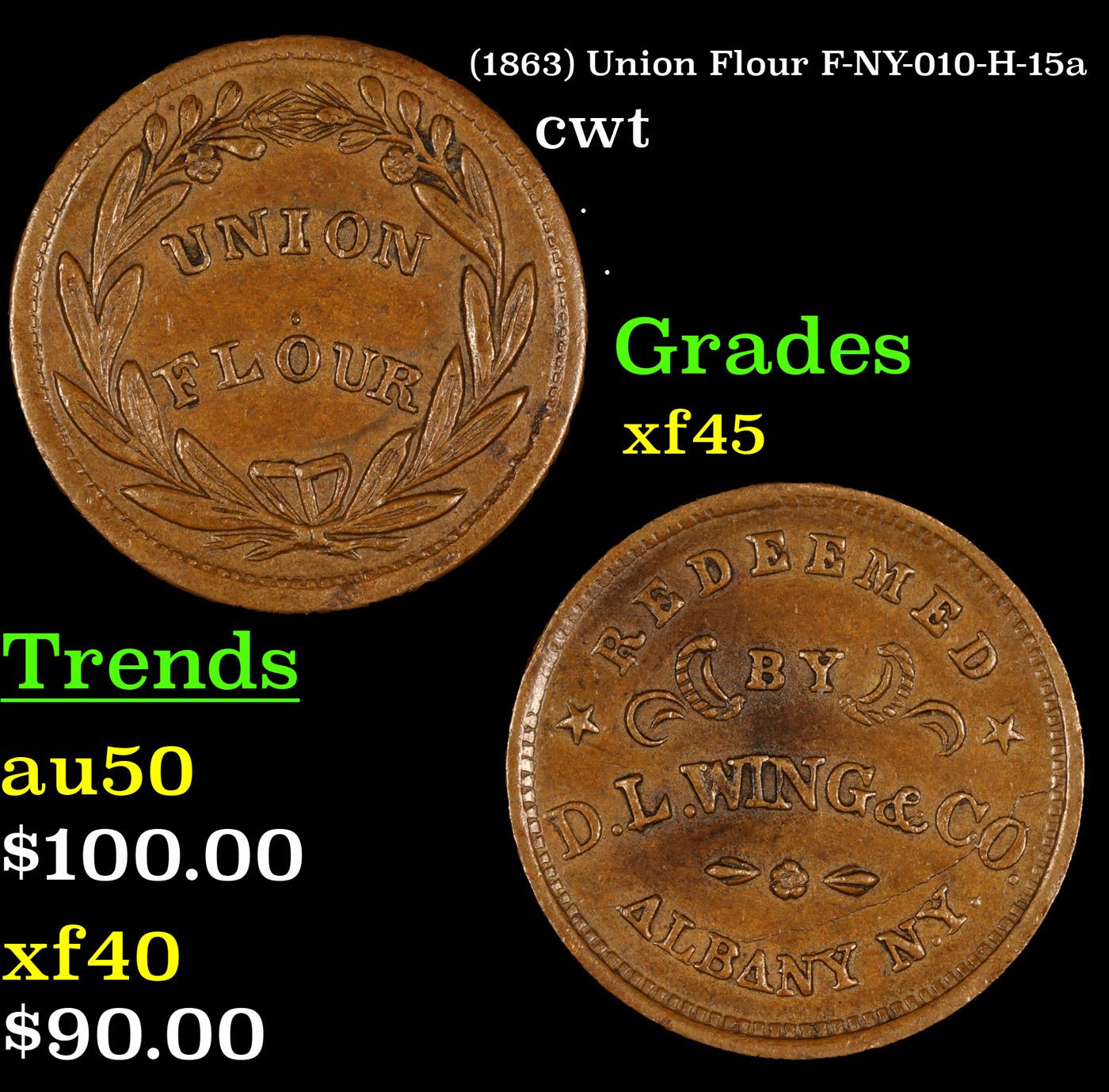 (1863) Union Flour Civil War Token F-NY-010-H-15a 1c Grades xf+