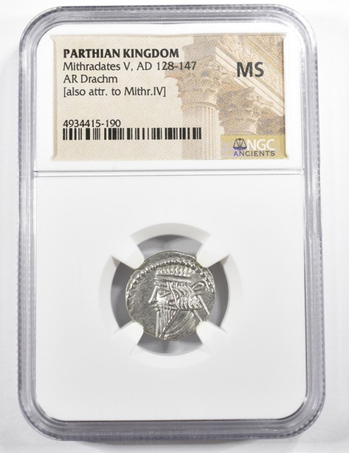 MITHRADATES V AD 128-147 AR DRACHM NGC MS