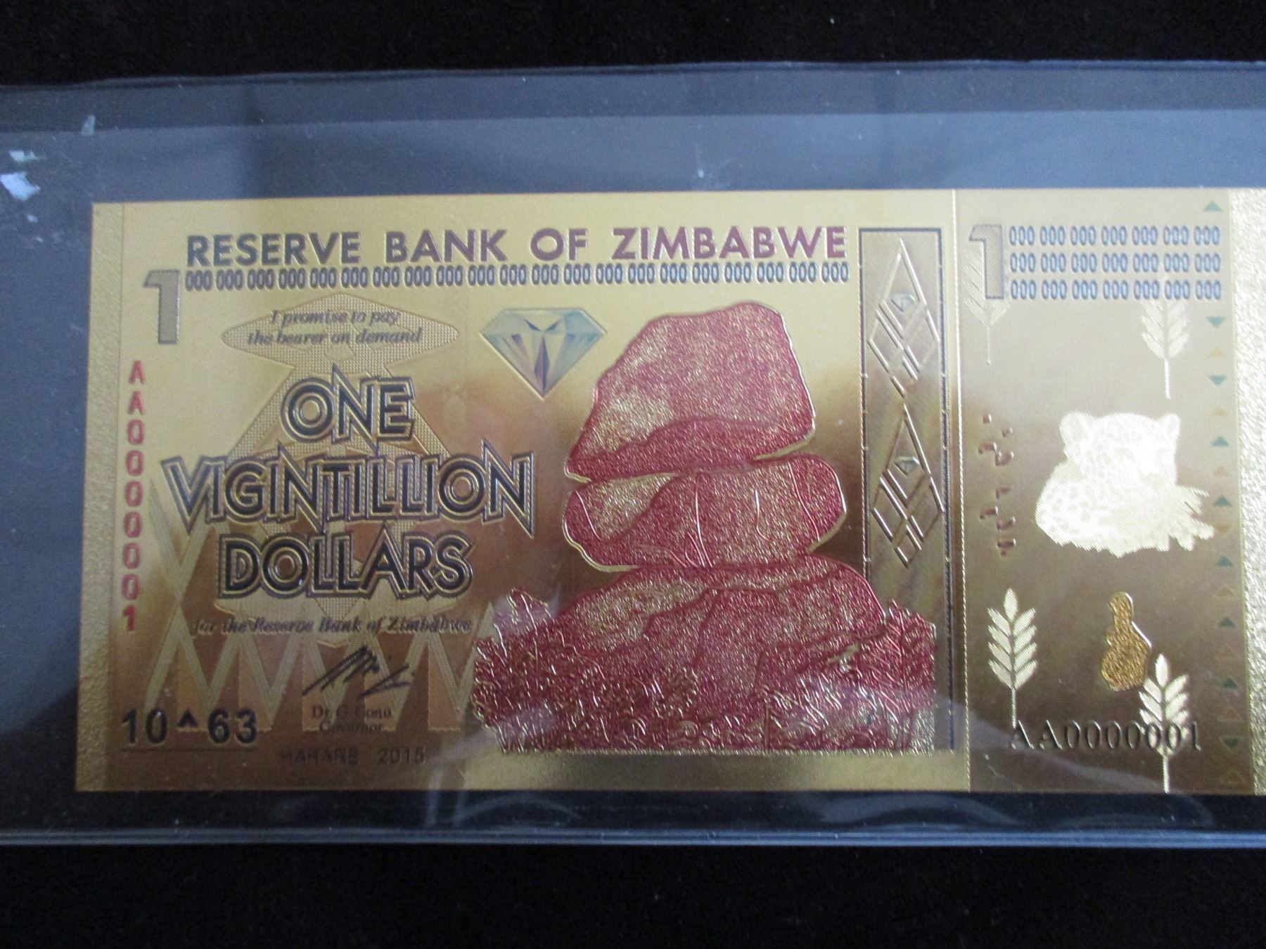 COLORIZED GOLD FOIL ONE VIGINTILLION DOLLARS BANK OF ZIMBABWE (NOT ...