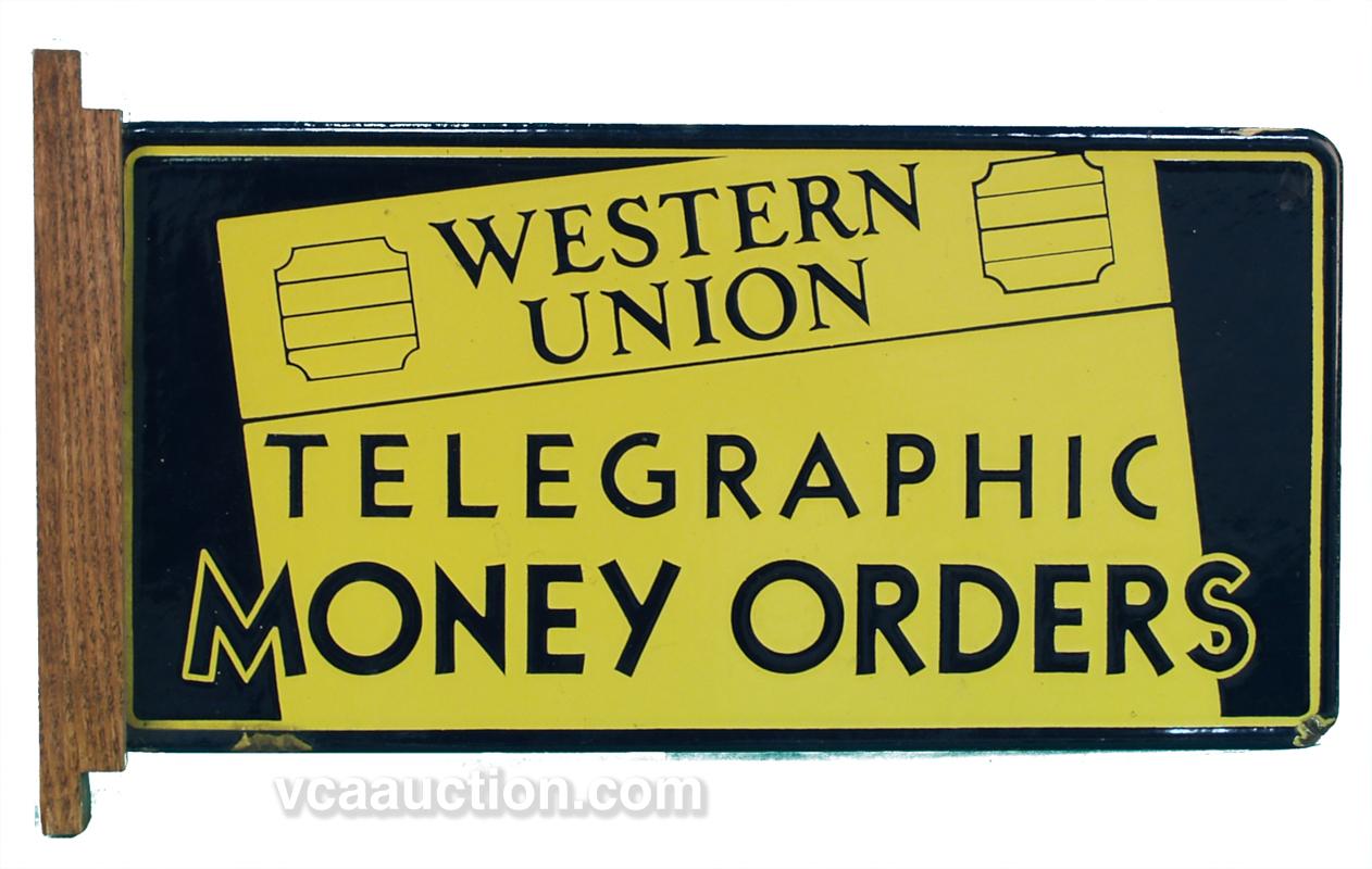 Western Union Double Sided Porcelain Sign w/ Wood Flang
